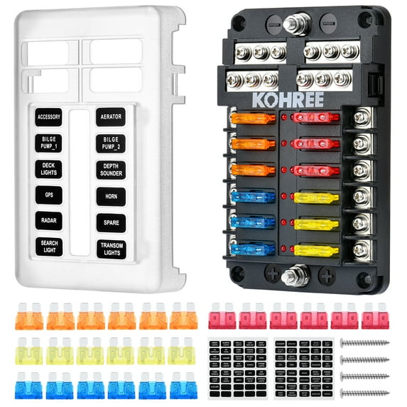 Kohree 12 Way 12V Fuse Block Marine,t Fuse Block Waterproof with LED Indicator for Automotive RV ...