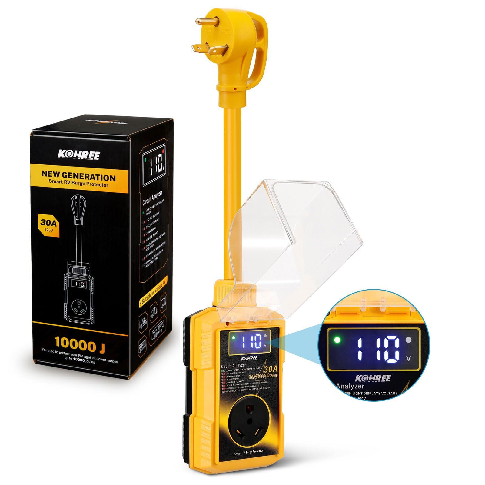 Kohree RV Surge Protector 30 Amp 10000 Joules with High/Low Voltage ...