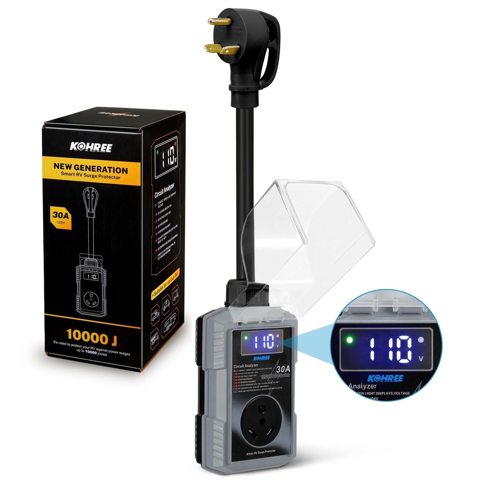 Kohree RV Surge Protector 30 Amp 10000 Joules with High/Low Voltage ...