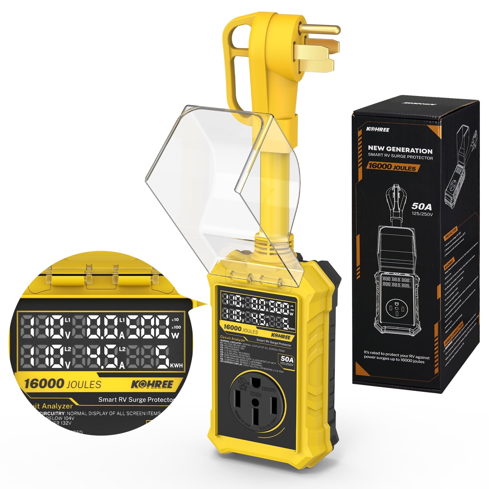 Kohree RV Surge Protector 50 Amp, 125V/250V 16000 Joules RV Circuit ...