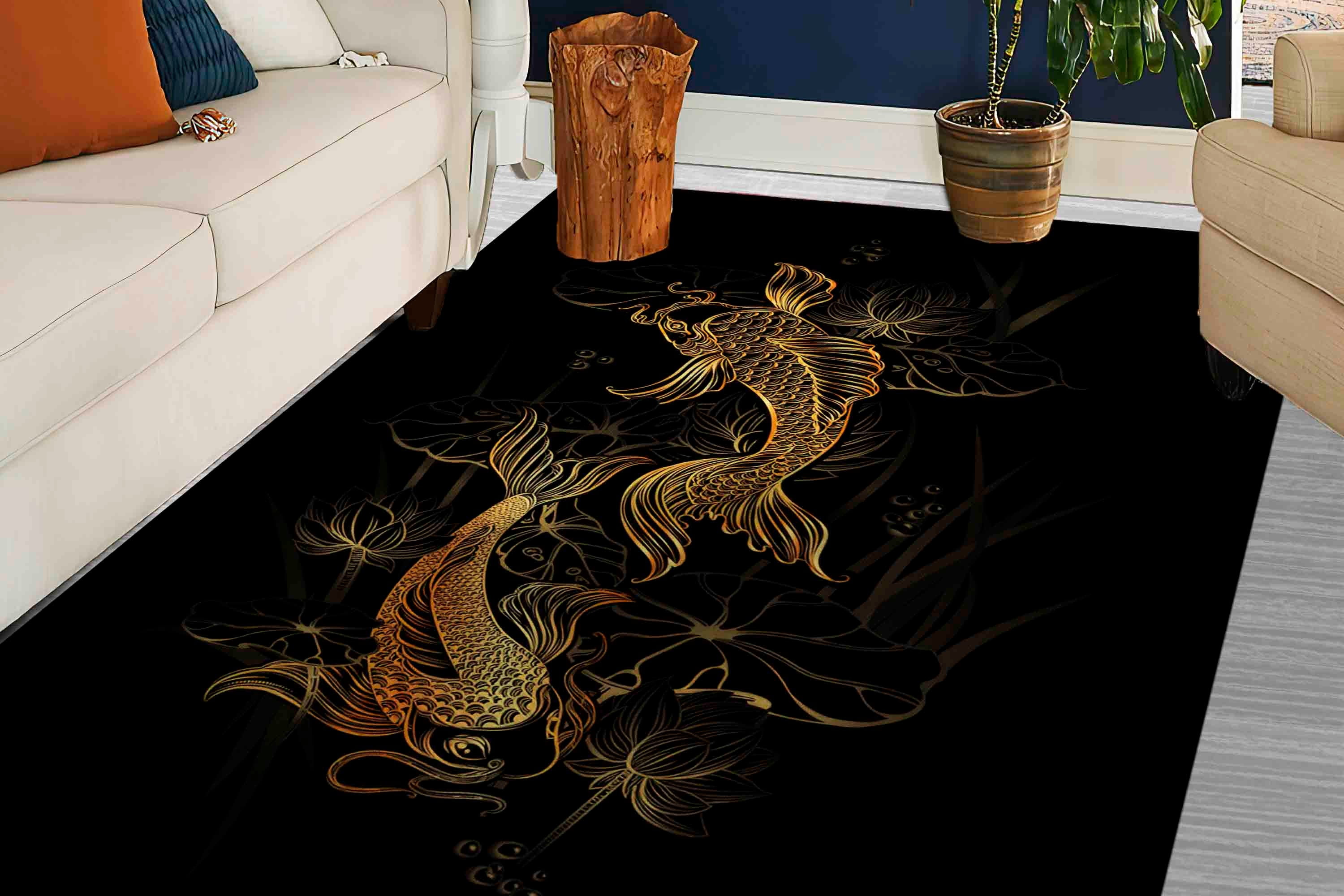 Koi Carps and Lotus Asian Symbols Rugs, Koi Carps Rug, Modern Rug, Door ...