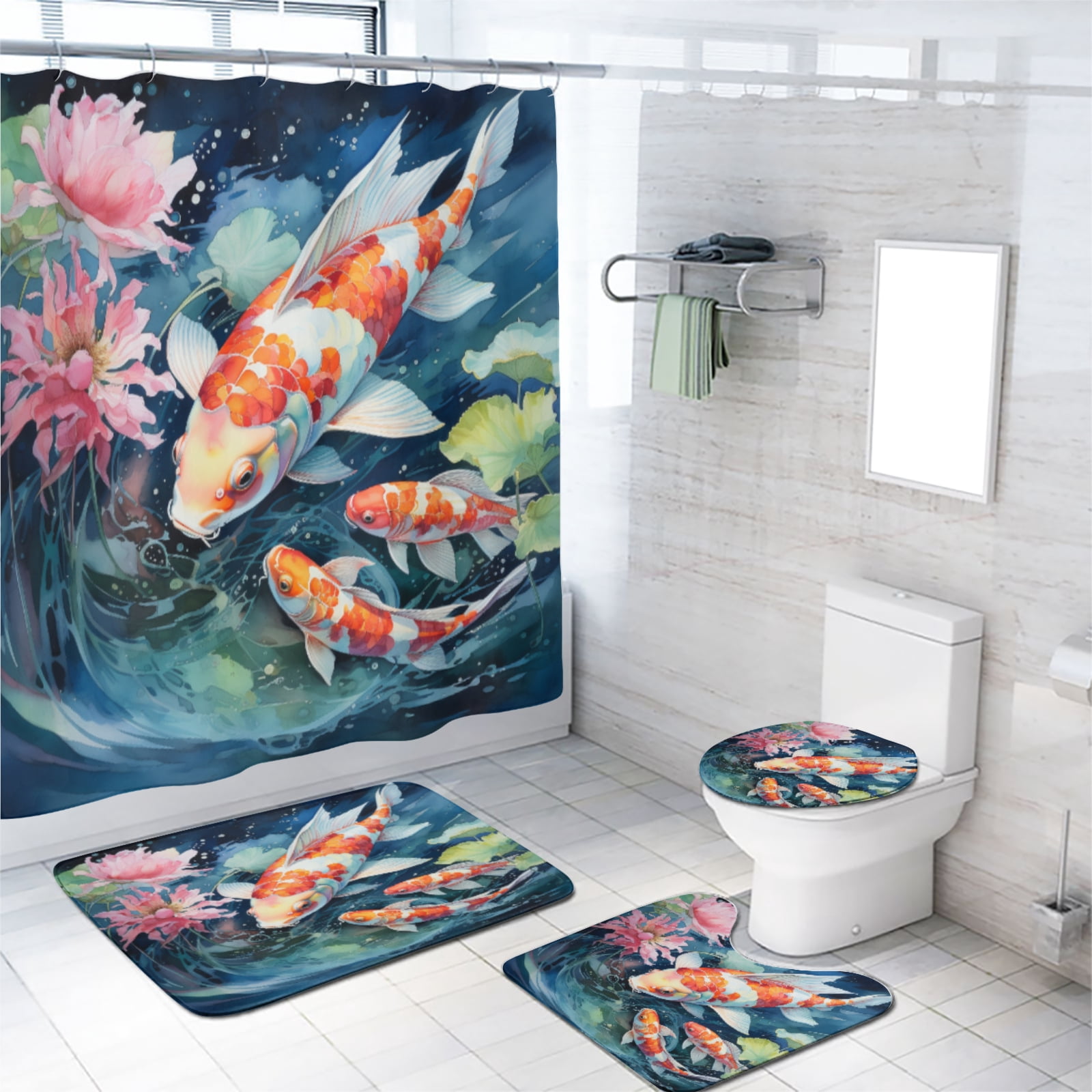 Koi Fish 4 Piece Shower Curtain Sets Japanese Painting Style Flowers ...