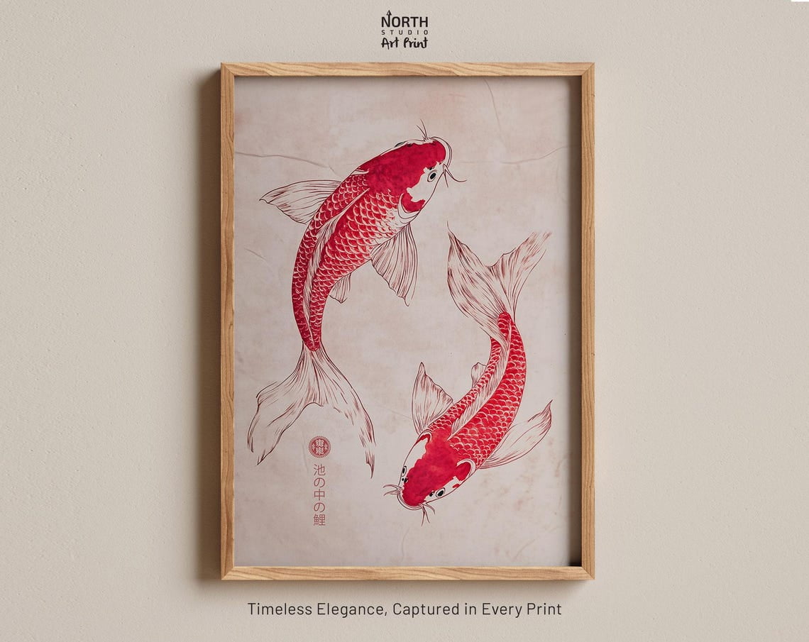 Koi Fish Art Print, Japanese Aesthetic Wall Art, Trendy Red Koi Poster ...