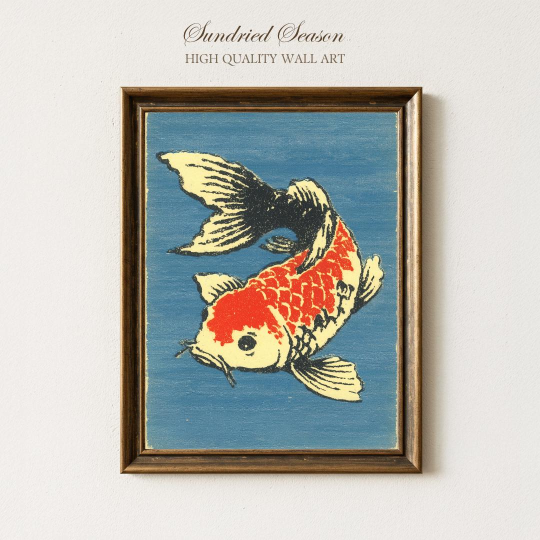 Koi Fish Art Print, Japanese Vintage Woodblock Style Poster, Red And ...