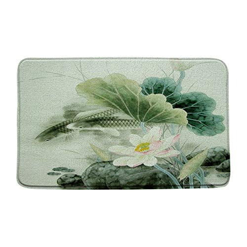 Koi Fish Bath Mat,Asian Watercolor Flower Green Leaf Lotus Koi Ink ...