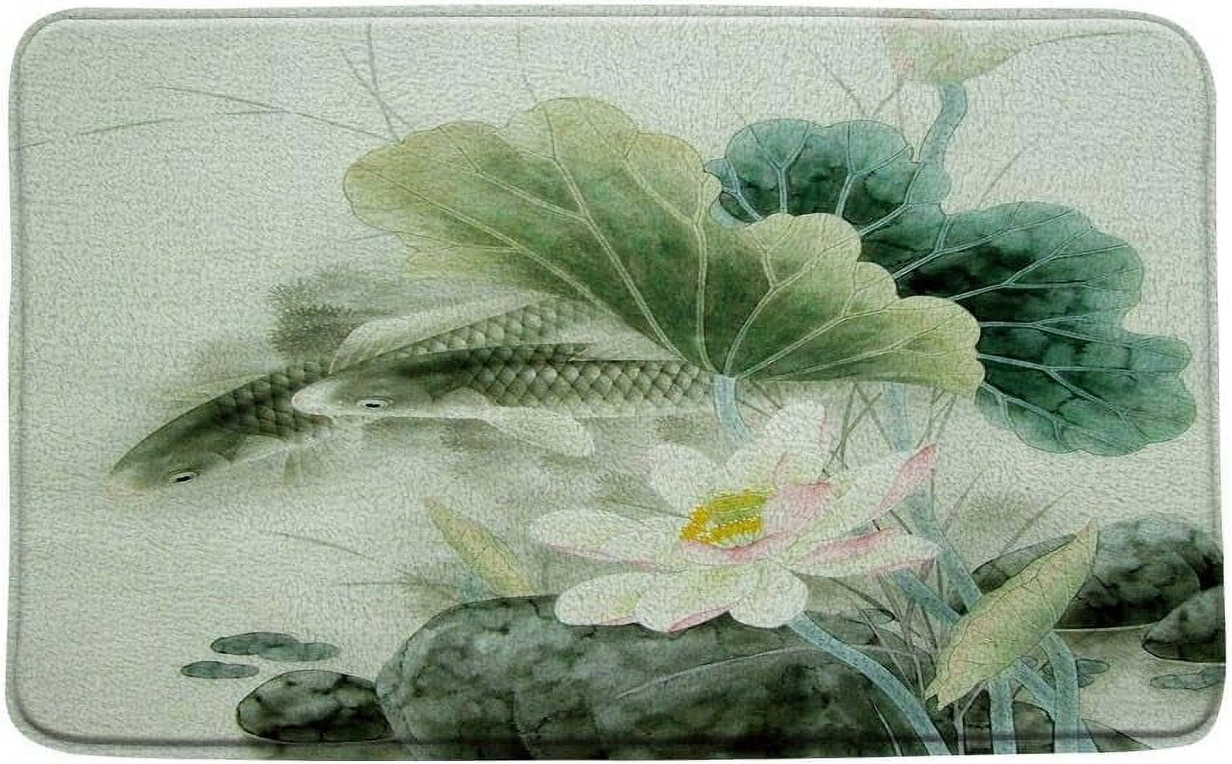 Koi Fish Bath Mat,Asian Watercolor Flower Green Leaf Lotus Koi Ink ...