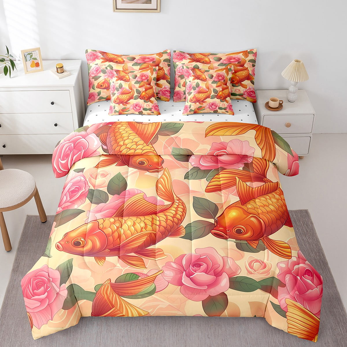 Koi Fish Bed in a Bag King Size Comforter Set 7 Pieces,Pink Rose Carp ...