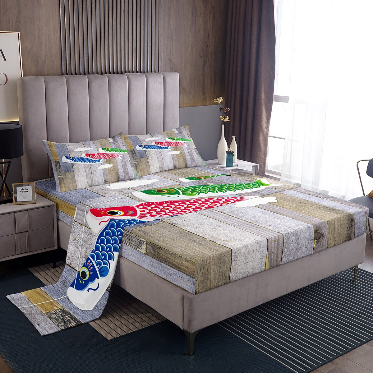 Koi Fish Bed Sheets Set Queen, Japanese Style Sheet Set, Rustic ...