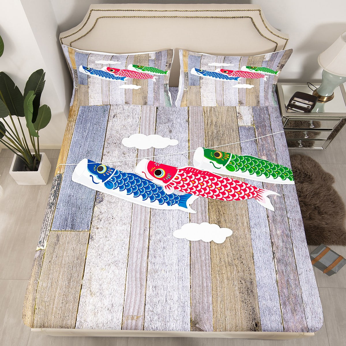 Koi Fish Bed Sheets Set Twin, Japanese Style Fitted Sheet, Rustic ...