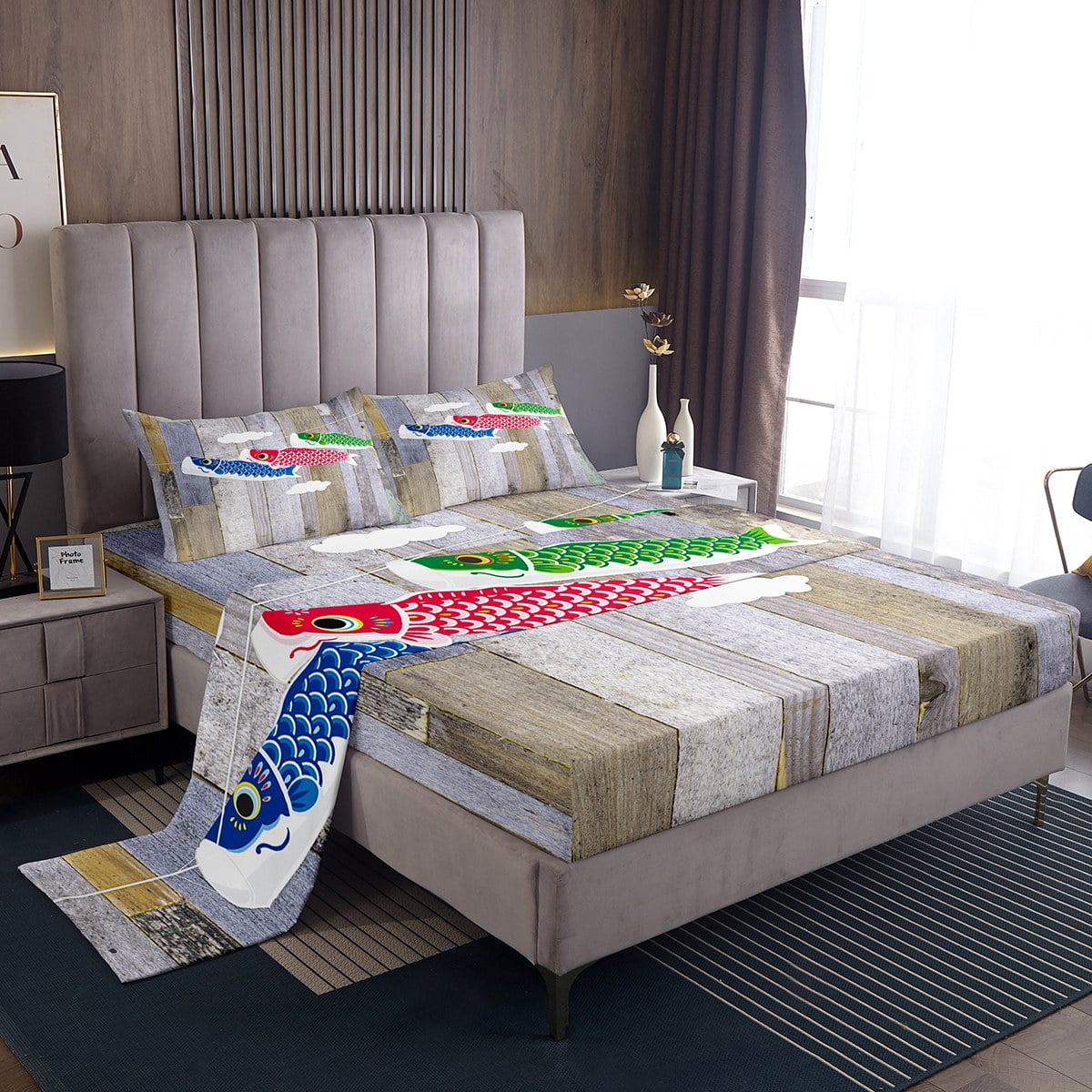 Koi Fish Bed Sheets Set Twin, Japanese Style Sheet Set, Rustic ...