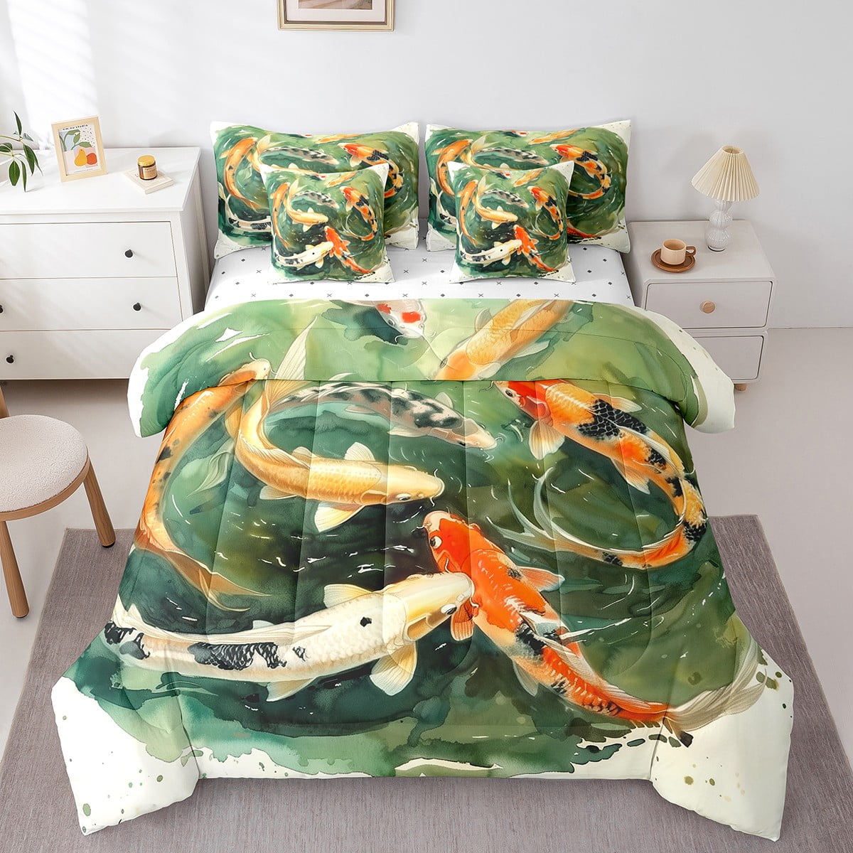 Koi Fish Bedding Comforter Sets 7-Piece Oriental Japanese Bed in a Bag ...