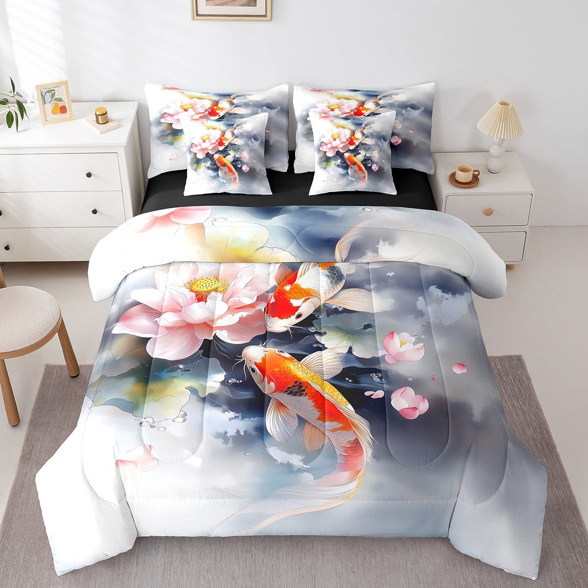 Koi Fish Bedding Set 7 Pieces Pink Flowers Bed In A Bag Floral Decor ...