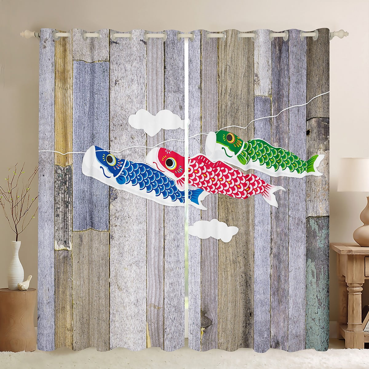 Koi Fish Blackout Curtains, Japanese Style Curtains, Rustic Farmhouse ...