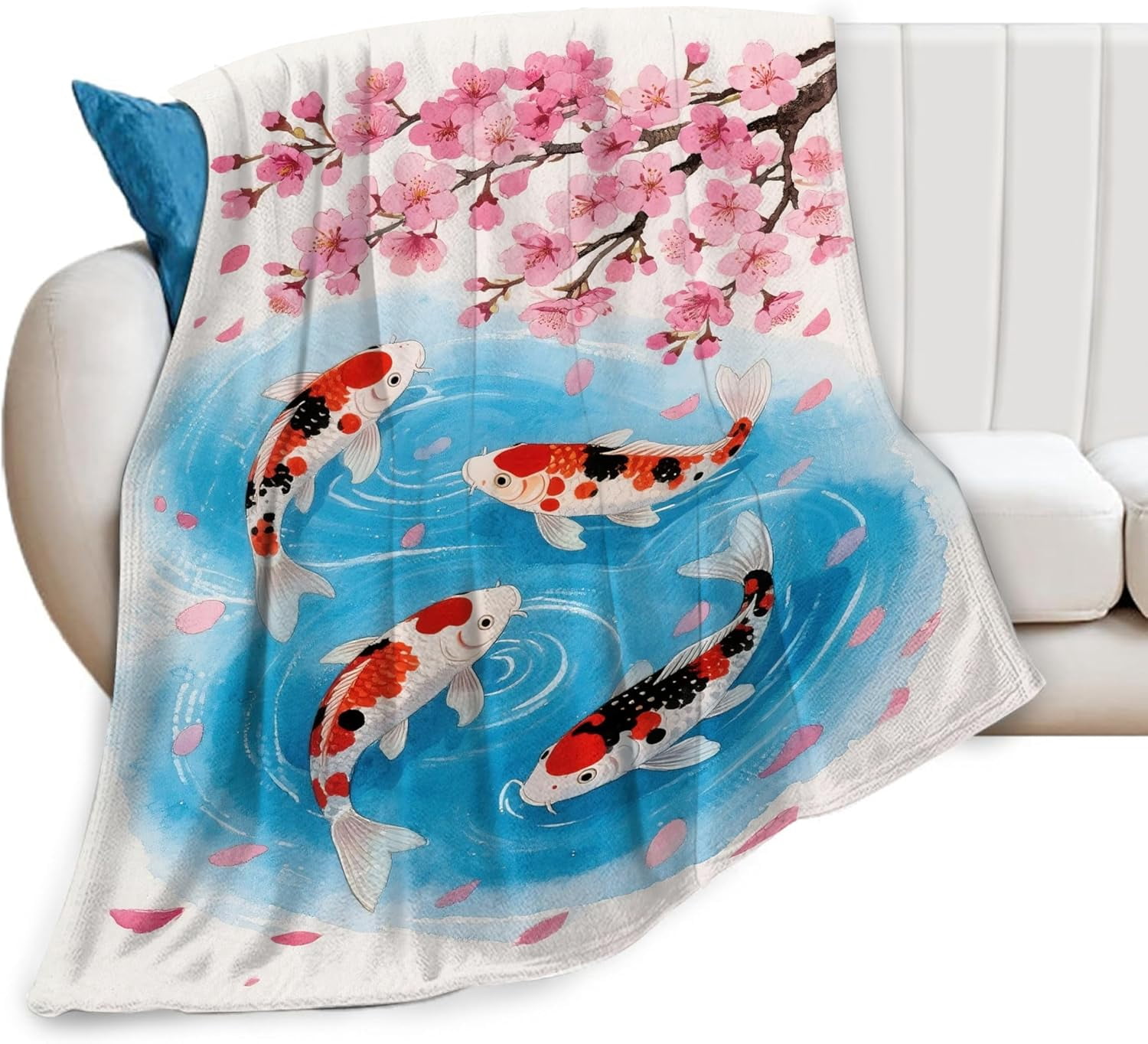 Koi Fish Blanket Japanese Cherry Blossoms Throw Blanket Chinese Eastern ...