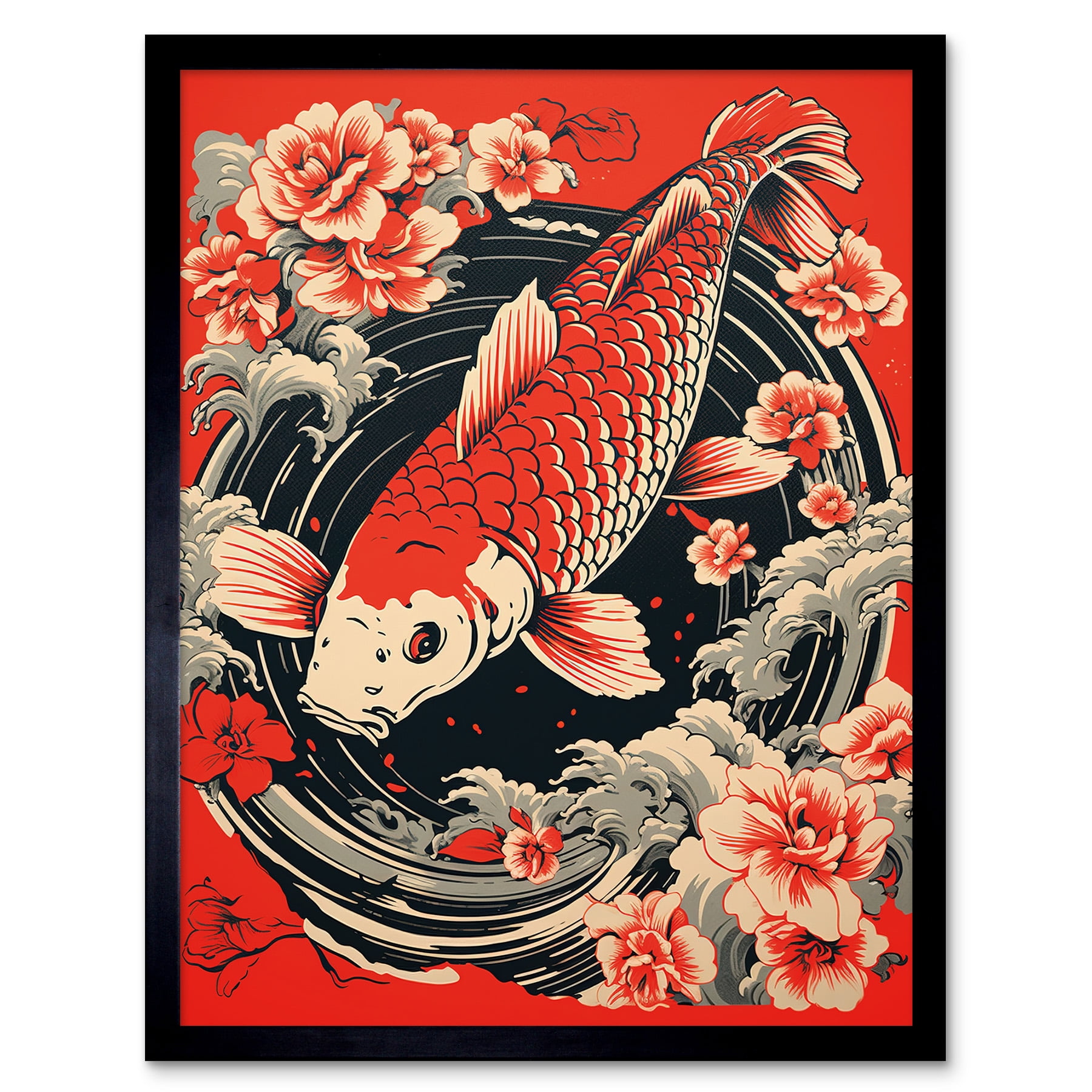 Koi Fish Carp Japanese Whirlpool Red Black Floral Illustration Artwork ...