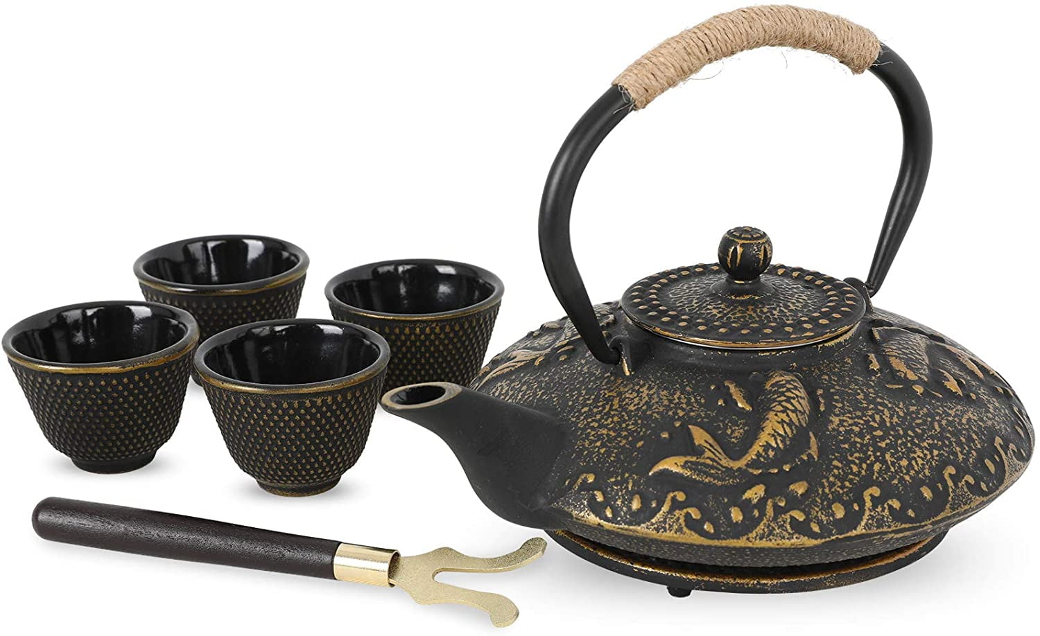 Koi Fish Cast Iron Teapot Set Stove Top Tea Kettle with 4 Cups Japanese ...