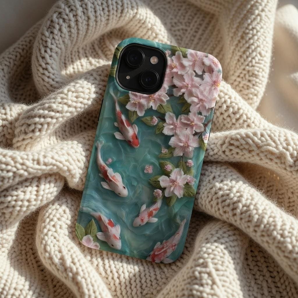 Koi Fish & Cherry Blossom Phone Case - Japanese Garden Art Tough ...