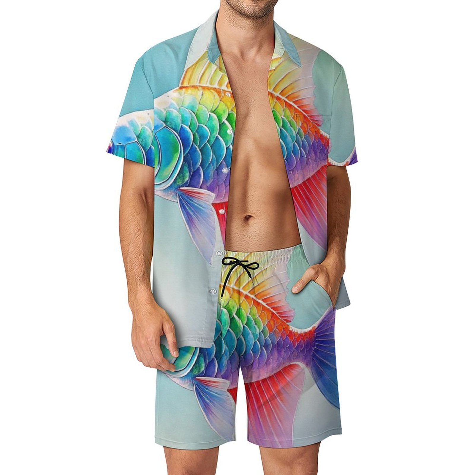 Koi Fish Colorful Mens 2 Piece Casual Outfits Short Sleeve Button Down ...