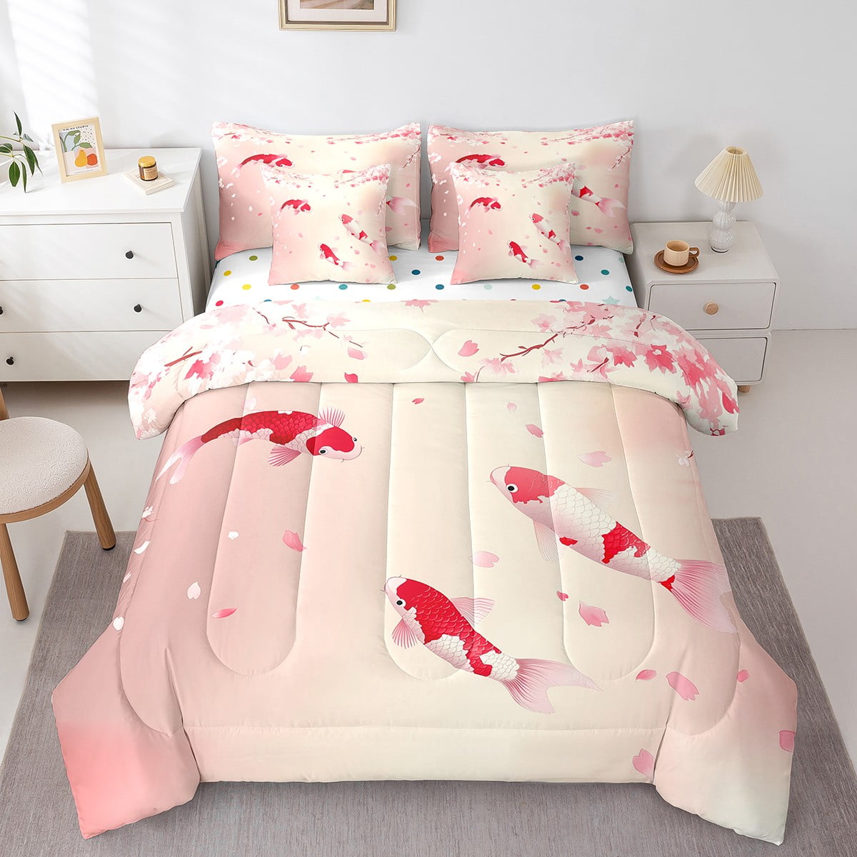 Koi Fish Comforter Set 7 Piece Bed in a Bag Twin,Pastel Pink Cherry ...