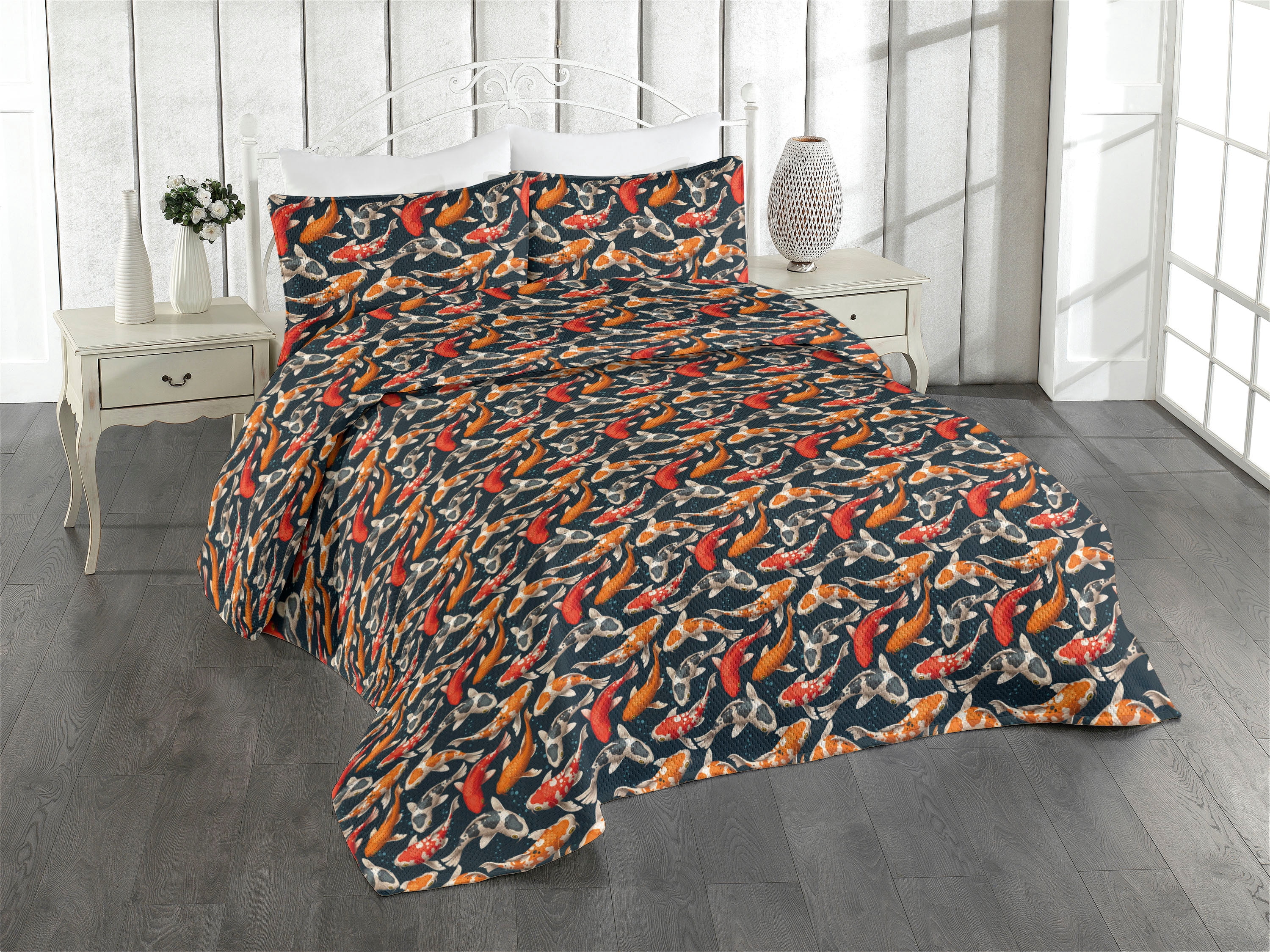 Koi Fish Coverlet, Japanese Carp Peaceful Colorful Bold on Nautical ...