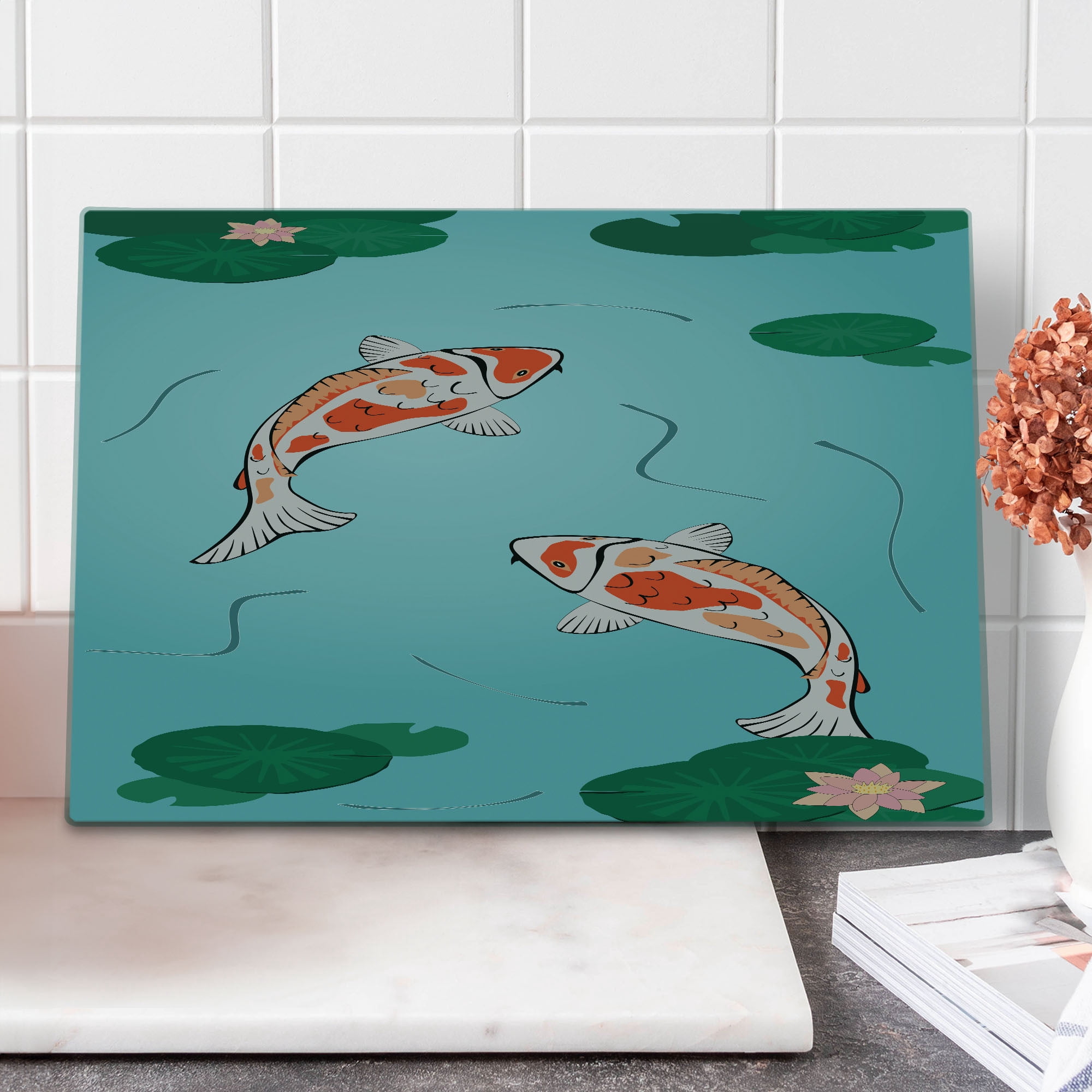 Koi Fish Cutting Board, 2 Japanese Koi Swimming in the Pond with ...