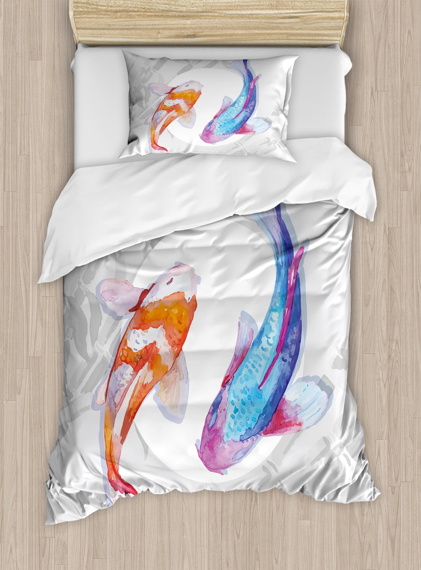 Koi Fish Duvet Cover Set, Watercolor Style Japanese Animals Couple ...