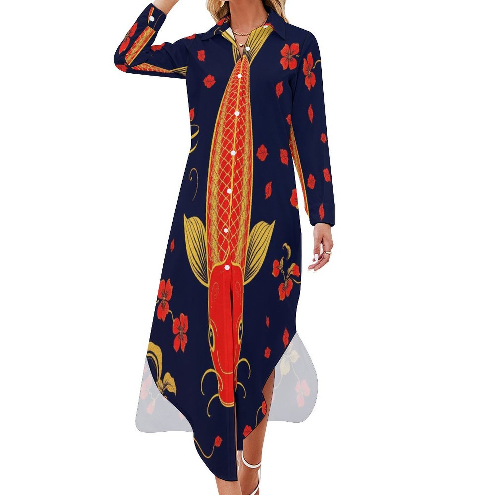 Koi Fish Floral Art Casual Dress V Neck Chiffon Dress Long Sleeve ...