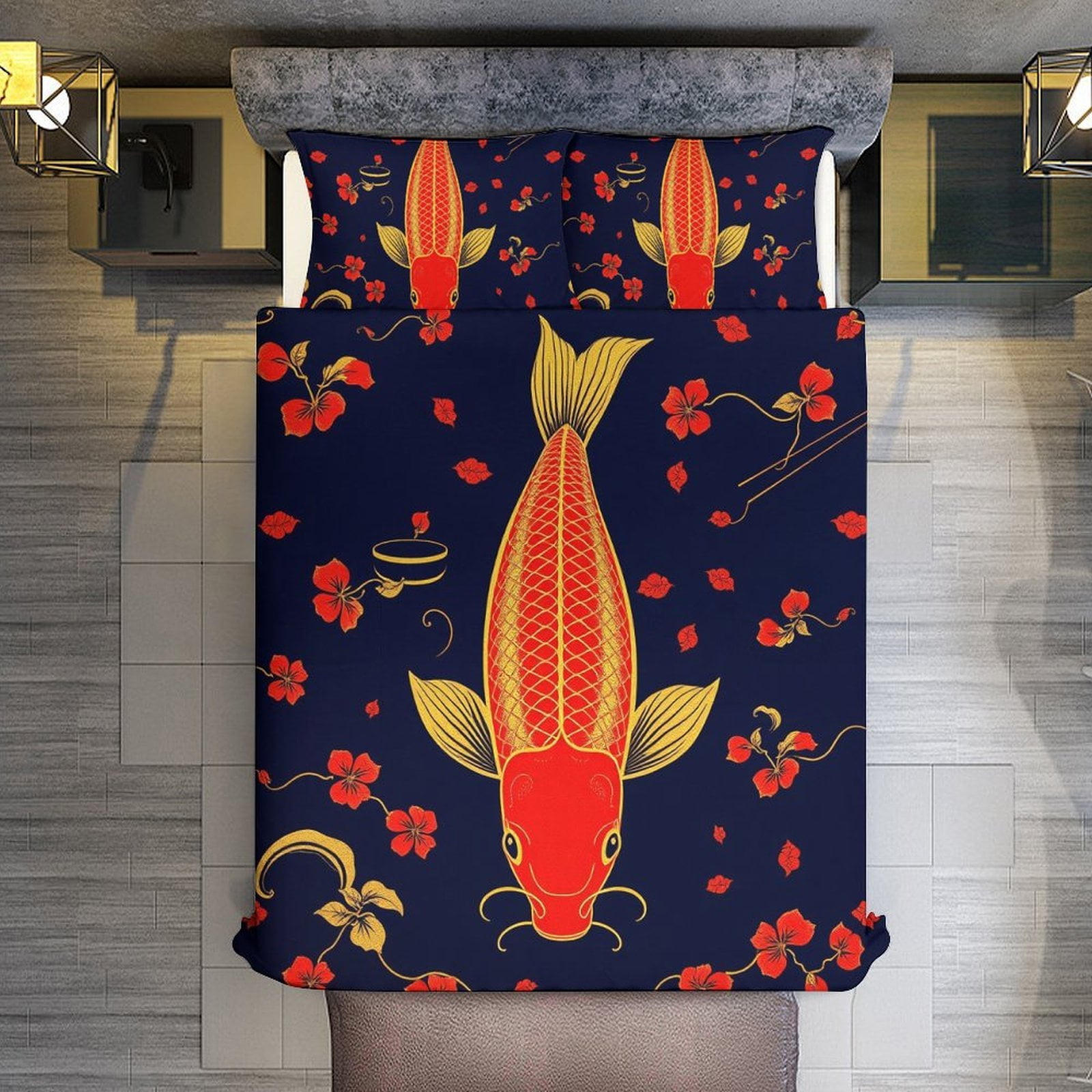 Koi Fish Floral Art Duvet Cover with Pillow Case 3pcs Bedding Set Quilt ...