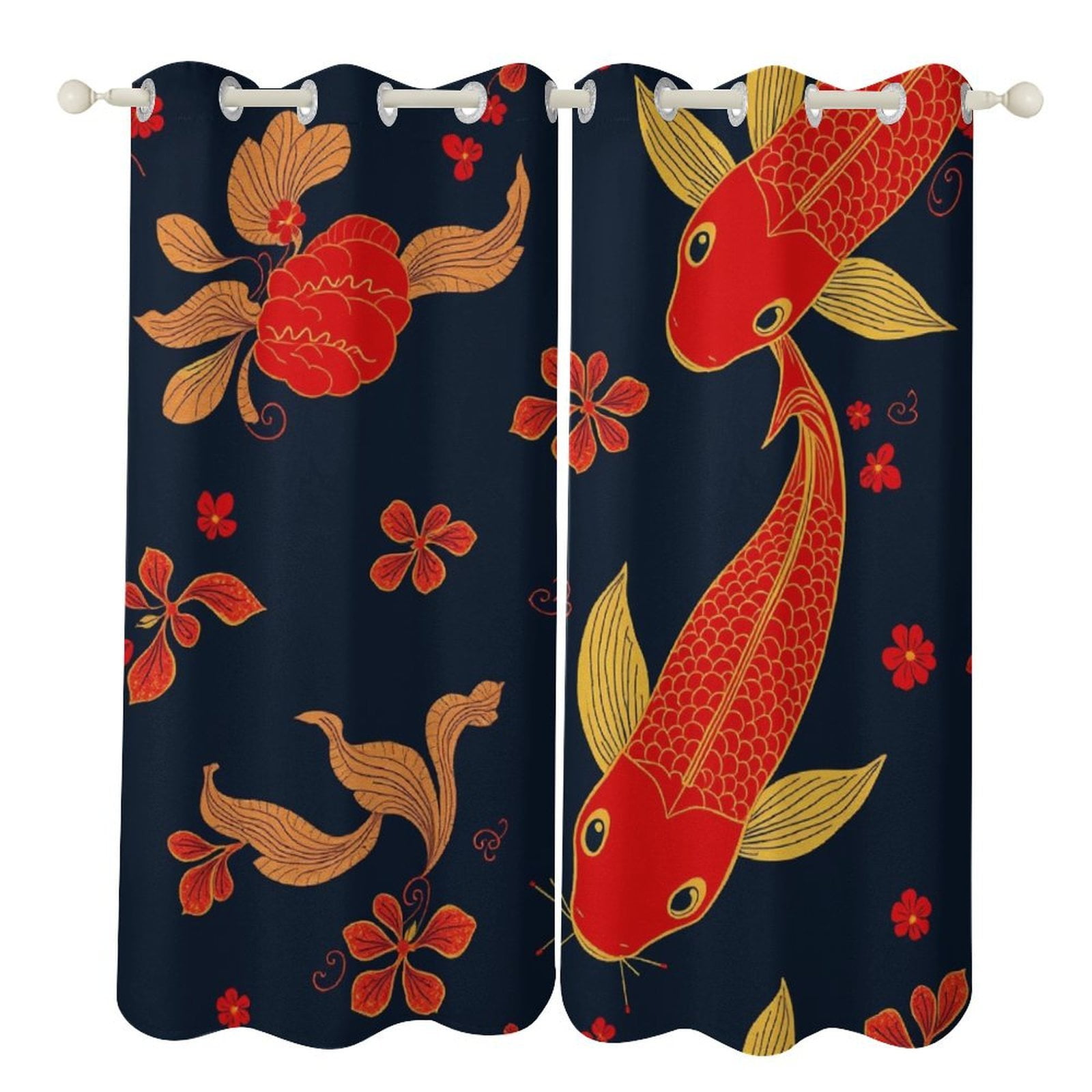 Koi Fish Floral Pattern Blackout Window Curtains for Bedroom Living ...