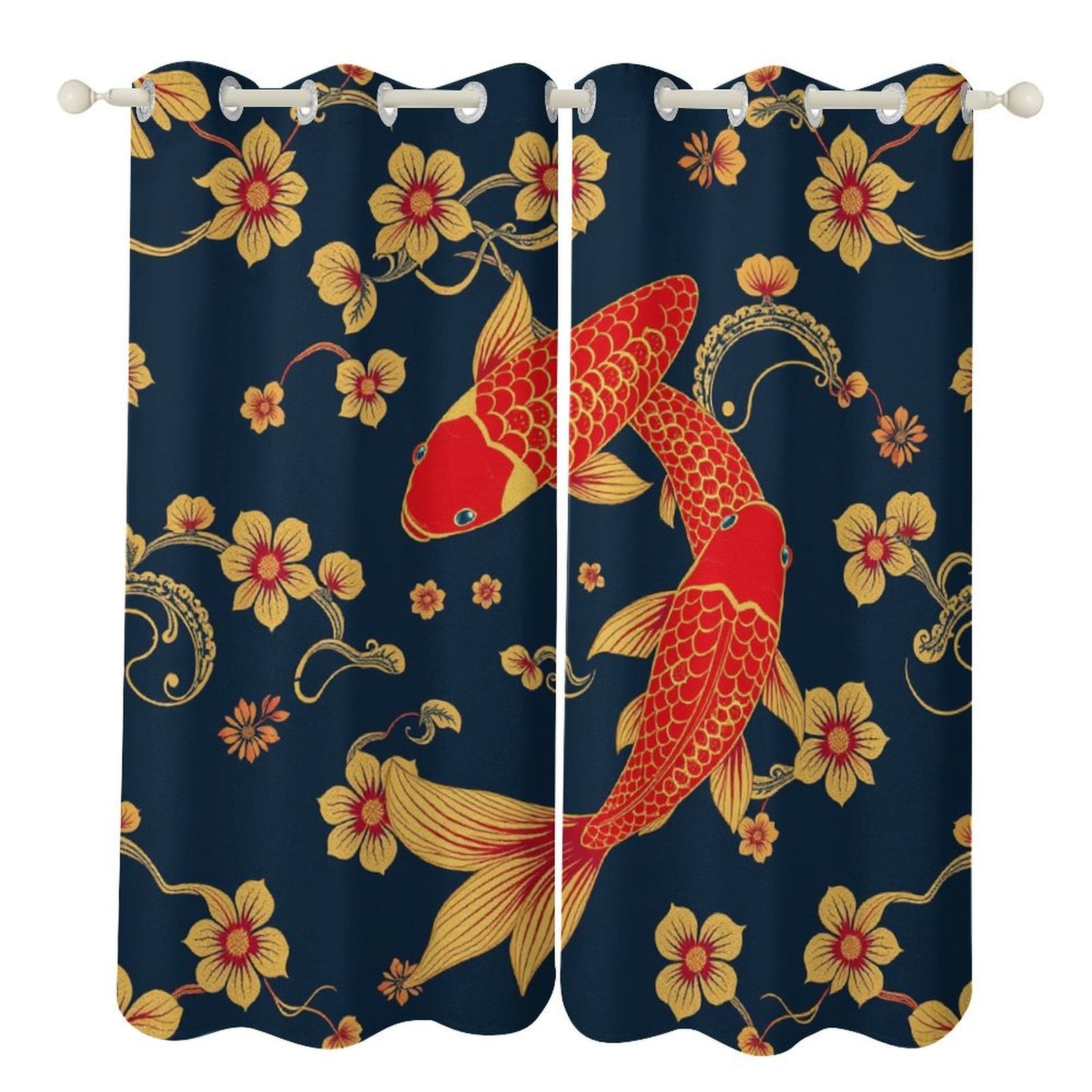 Koi Fish Floral Pattern Blackout Window Curtains for Bedroom Living ...