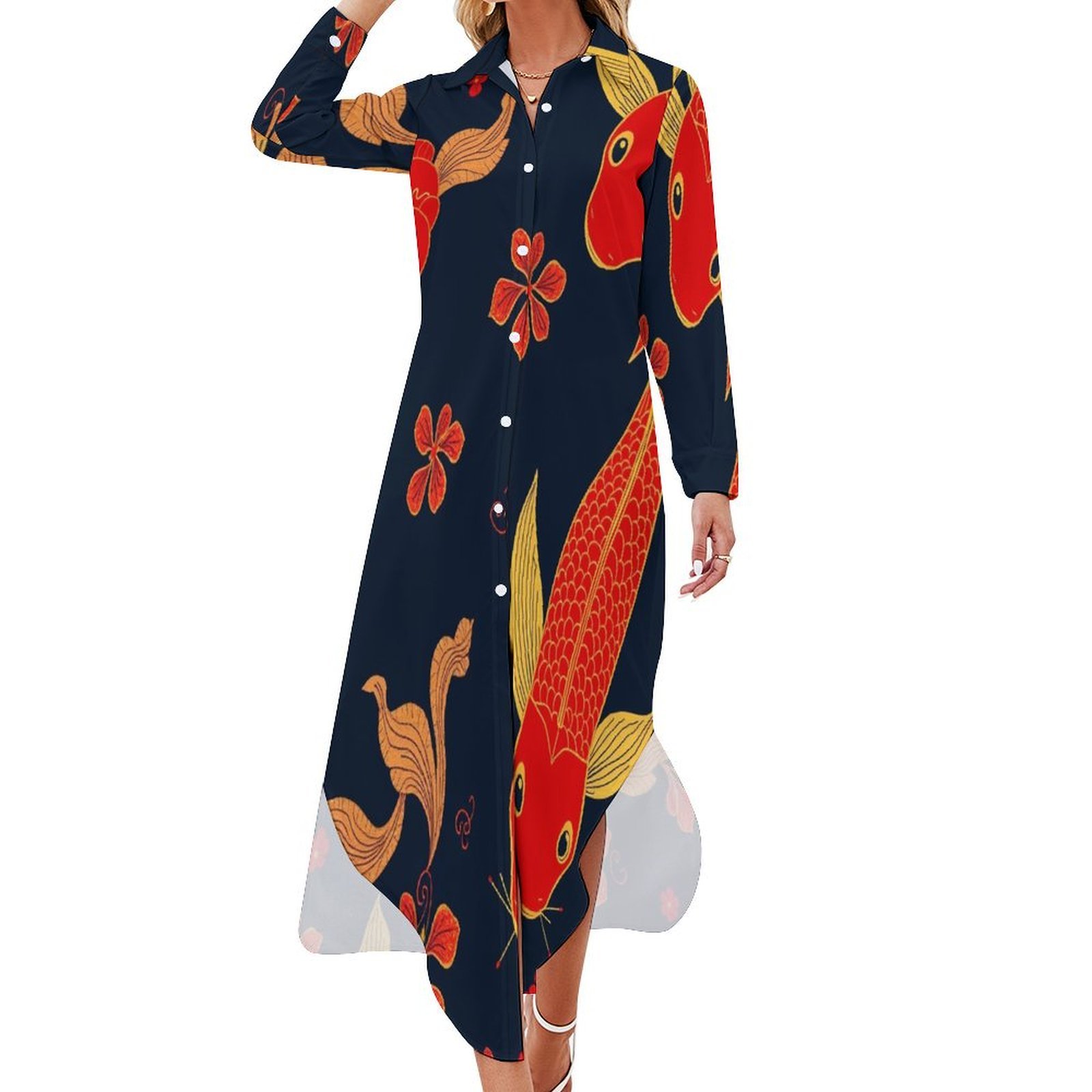 Koi Fish Floral Pattern Chiffon Dress V Neck Beach Dresses Female Wear ...
