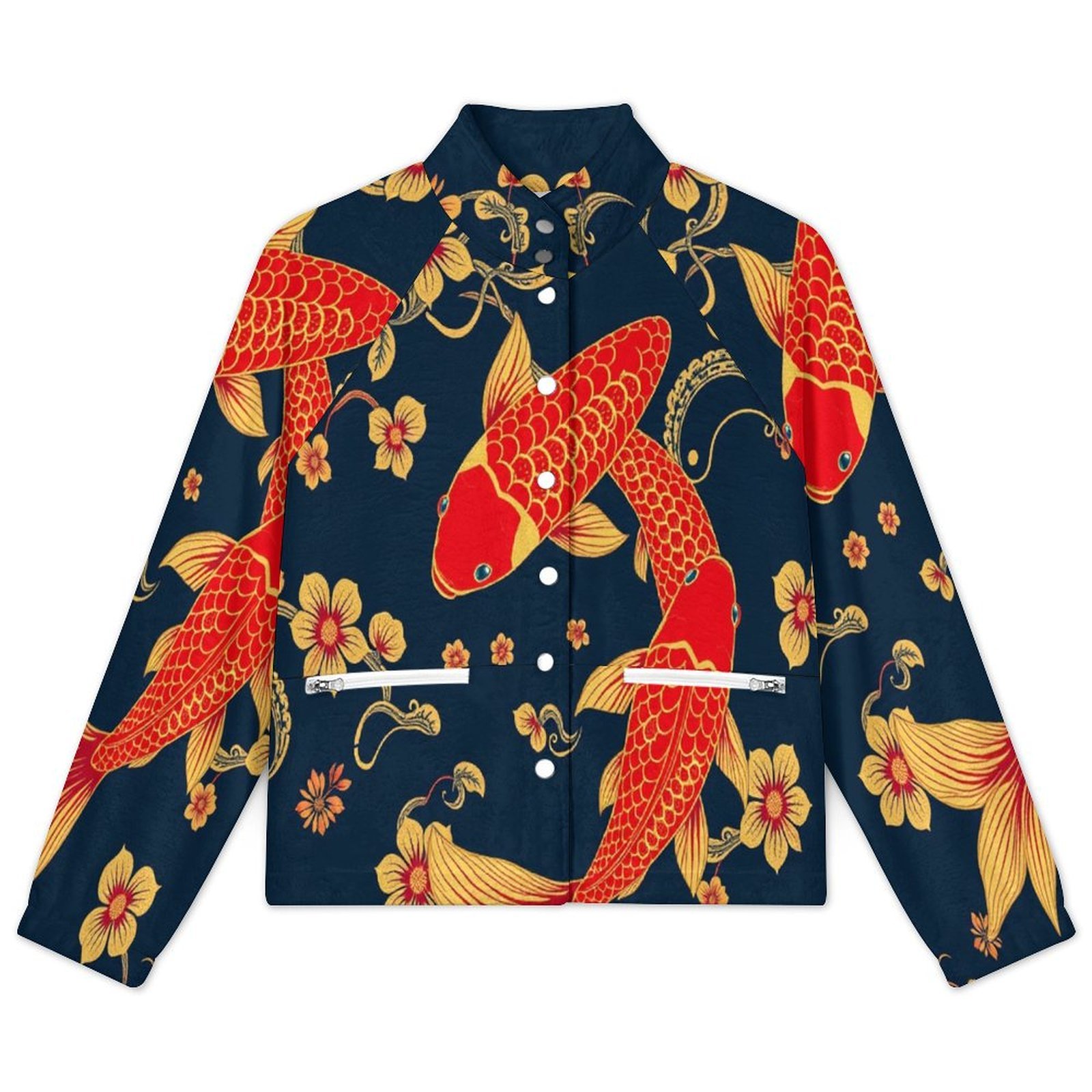 Koi Fish Floral Pattern Warm Women's Plush Jacket Stand Collar Full ...