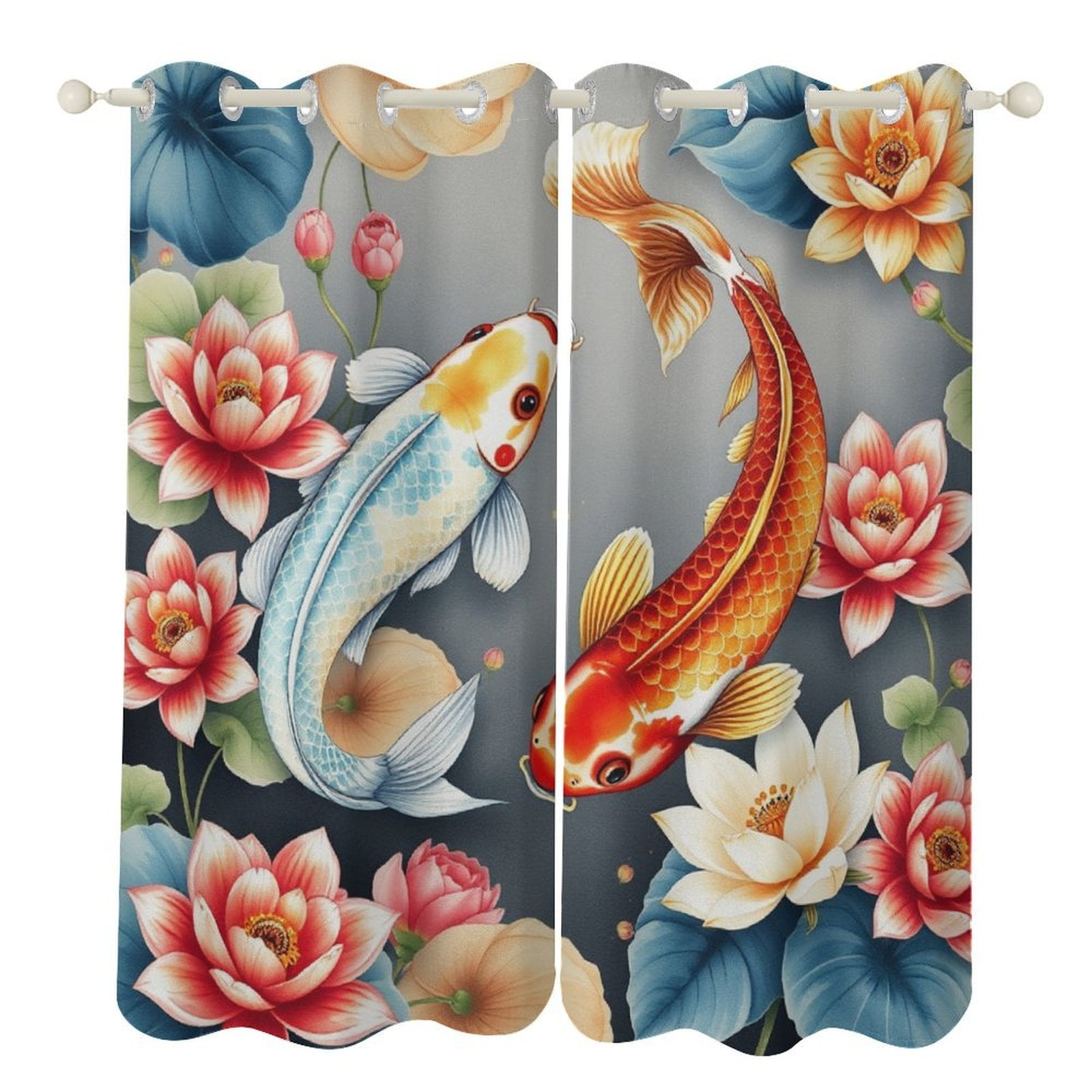 Koi Fish Flowers Art Window Curtains Drapes Bedroom Living Room Kitchen ...