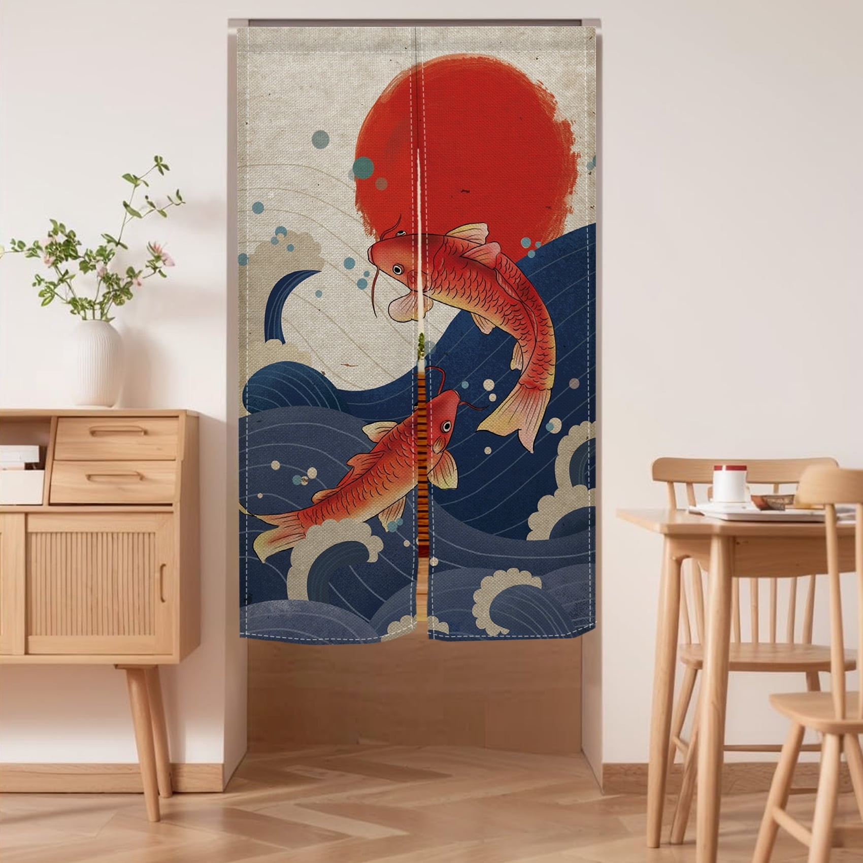 Koi Fish Japanese Curtain Red Sun Blue Sea Wave Noren Tapestry Japanese ...
