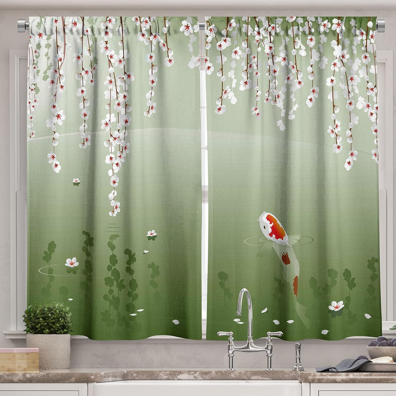 Koi Fish Kitchen Curtains, Japanese Koi Fish Painting Style Hanging ...