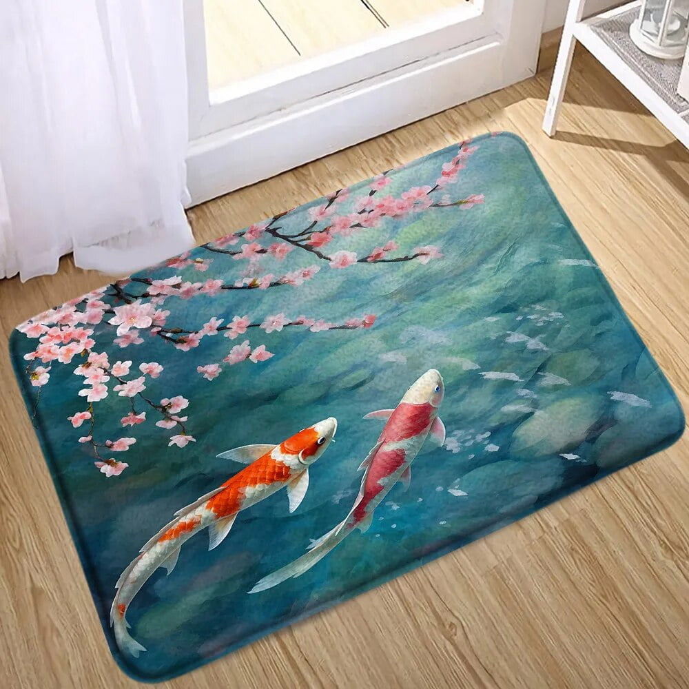 Koi Fish Lotus Bathroom Rug Set Flower Green Lotus Leaf Japanese Lotus ...