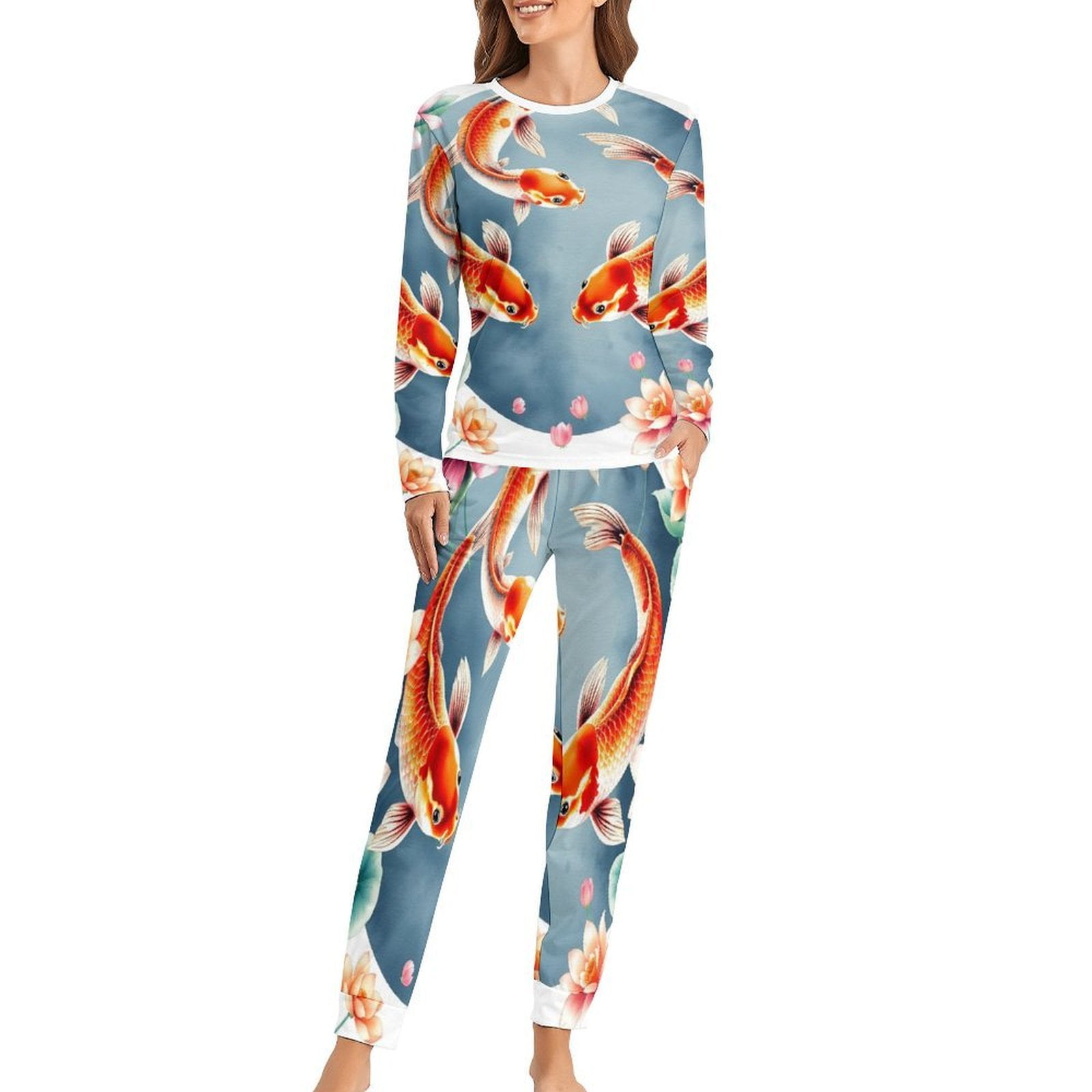 Koi Fish Lotus Flowers Pajamas 2 Pieces Pajama Sets Woman Long Sleeve ...