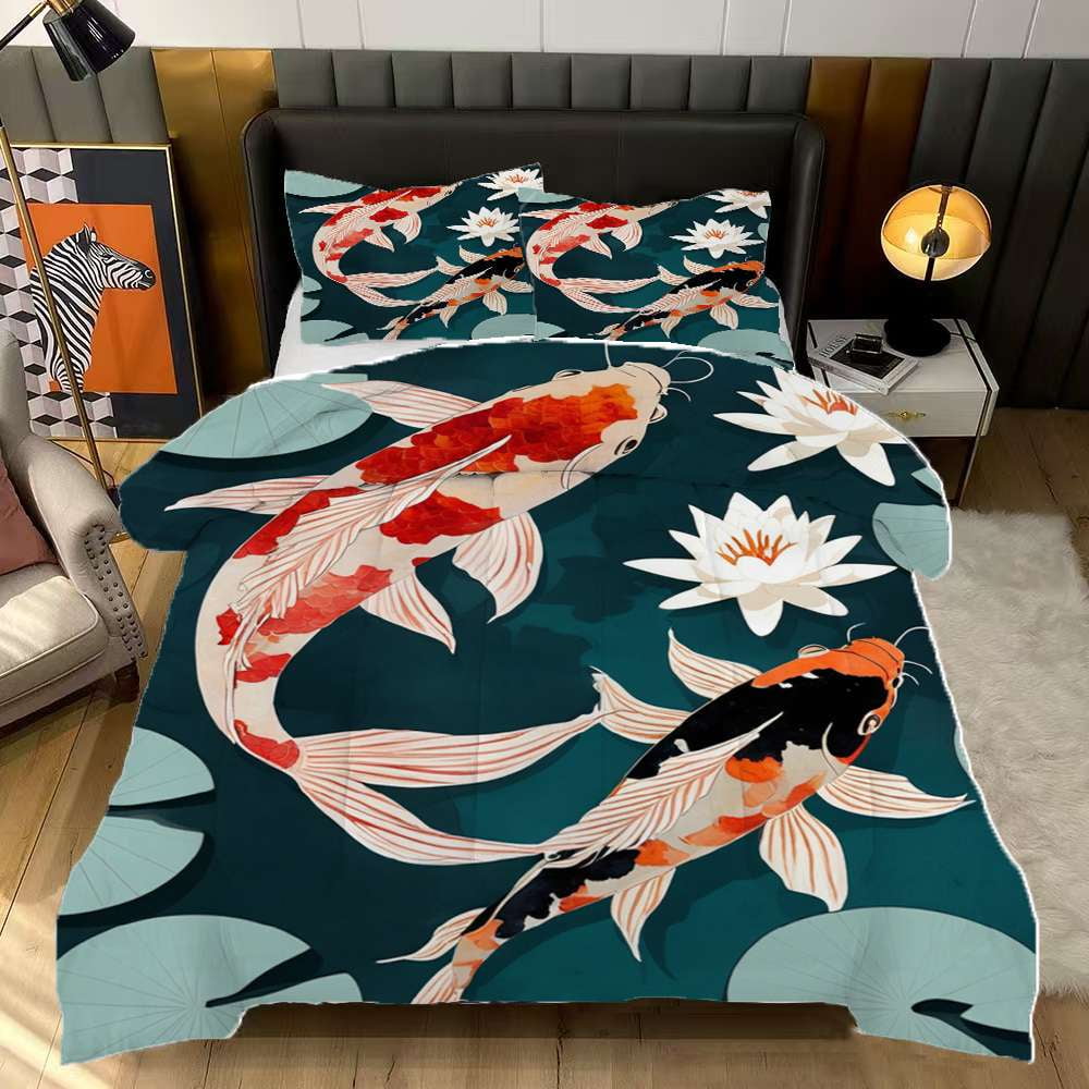 Koi Fish Lotus Pond Art Comforter Set Full Size Bedding Set For Travl ...