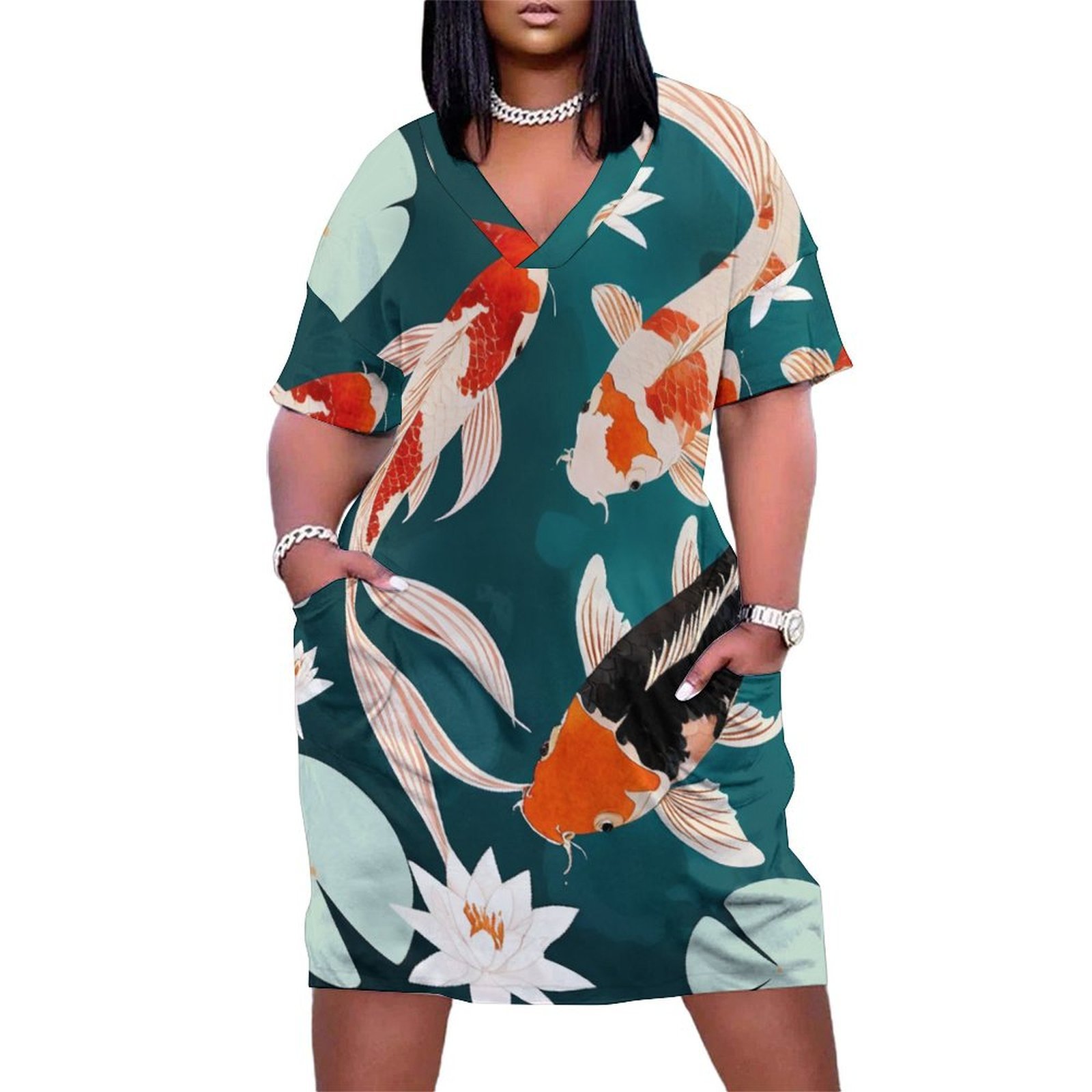Koi Fish Lotus Pond Art Loose Pocket Dress Dresses Summer Summer ...