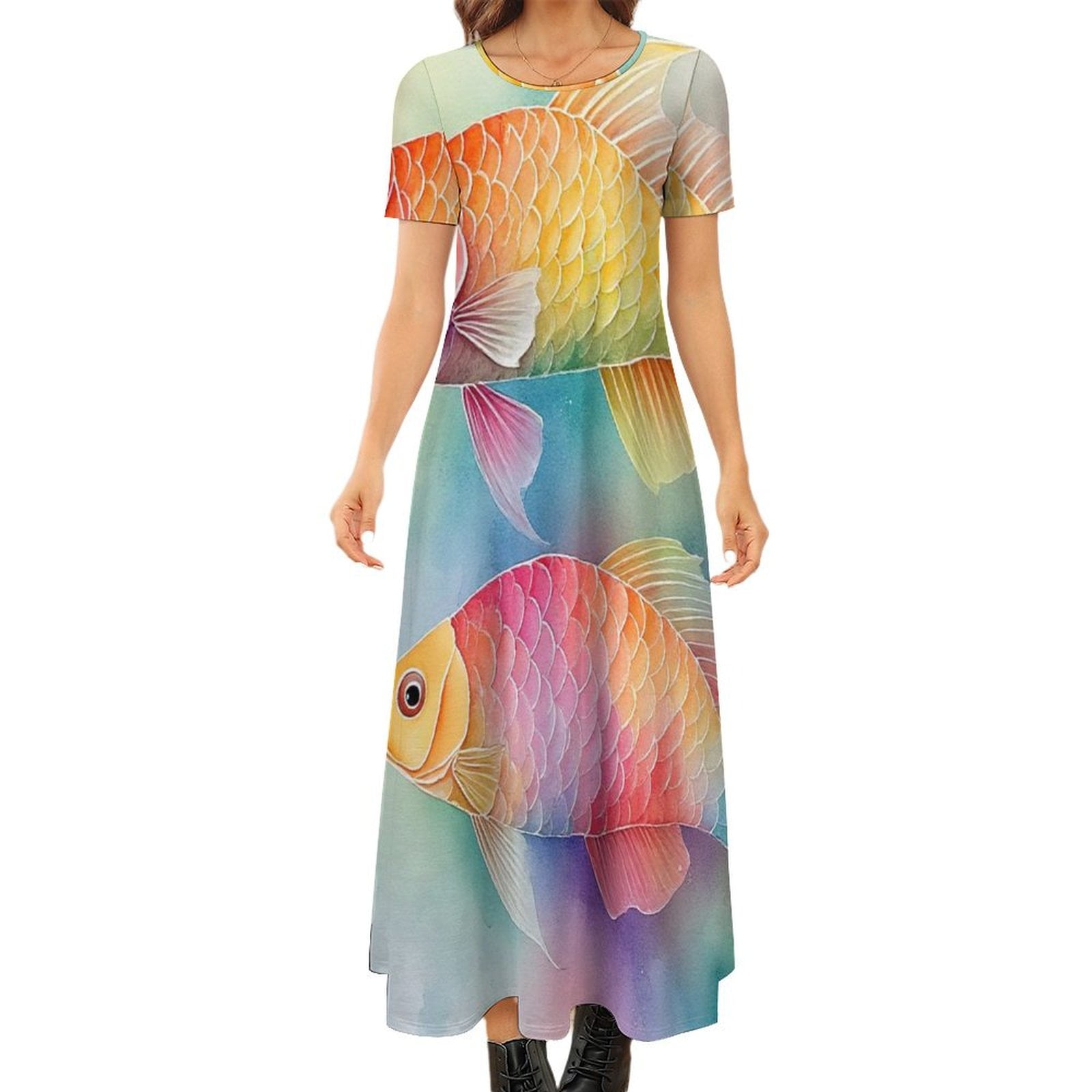 Koi Fish Maxi Dress for Women Crew Neck Beach Dress Short Sleeve Casual Flowy Dress 2XS-8XL ...