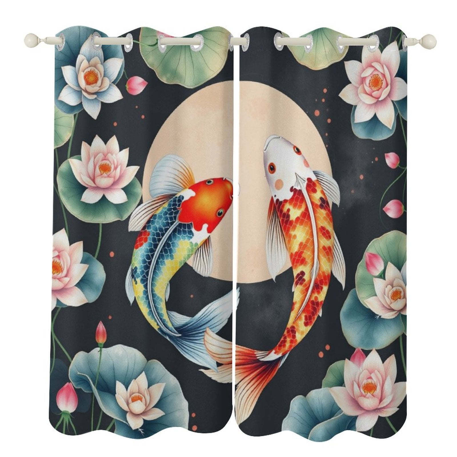 Koi Fish Moon Lotuses Blackout Window Curtains for Bedroom Living Room ...