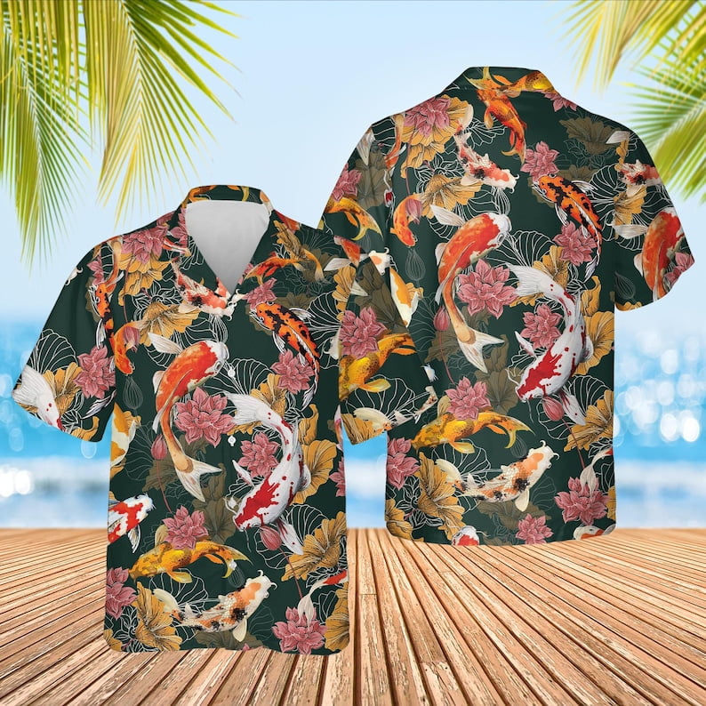 Koi Fish Pattern Hawaiian Shirt, Japanese Koi Fish, Koi Fish Hawaiian ...