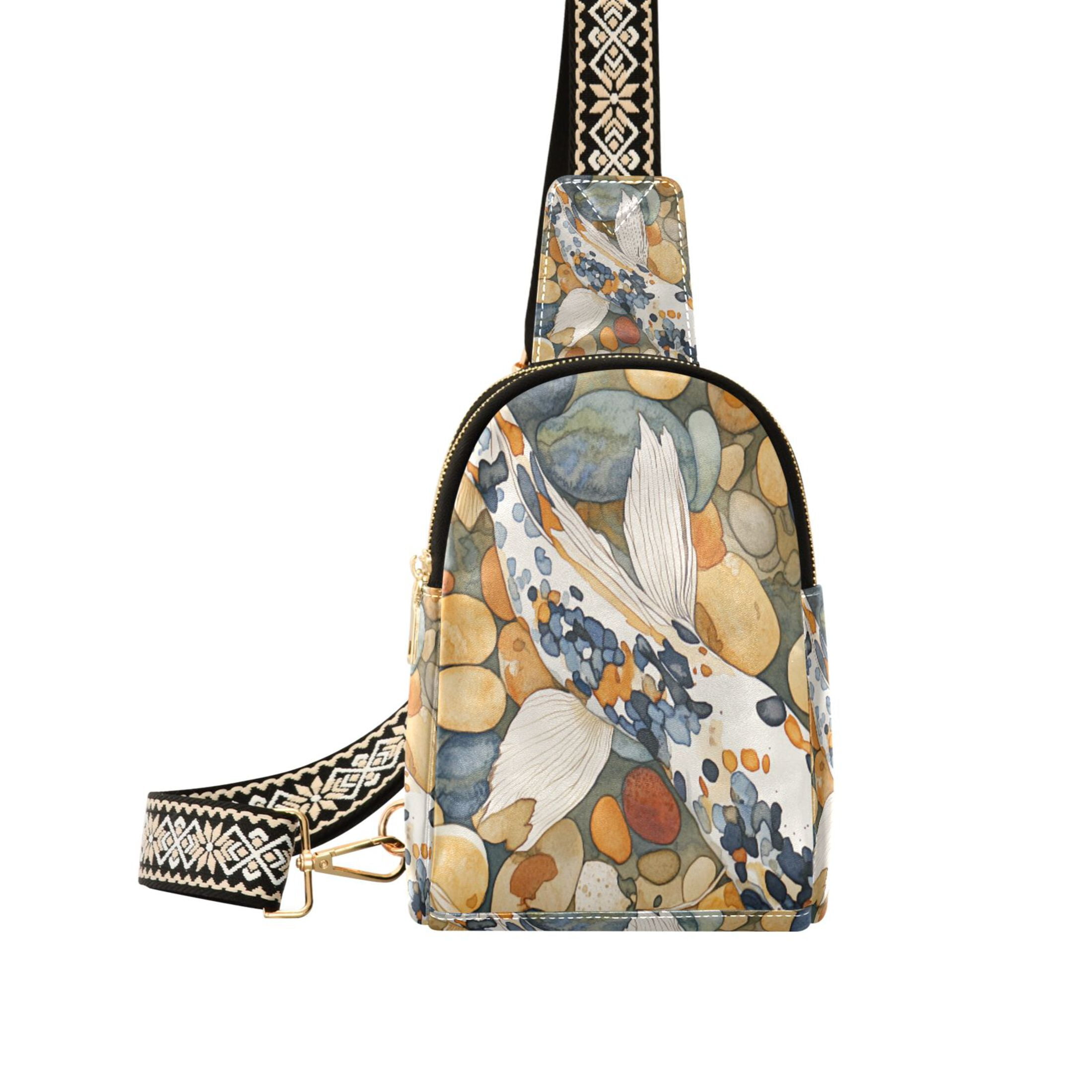 Koi Fish Pattern Women's PU Leather Crossbody Bag, Dual Zipper Pockets ...