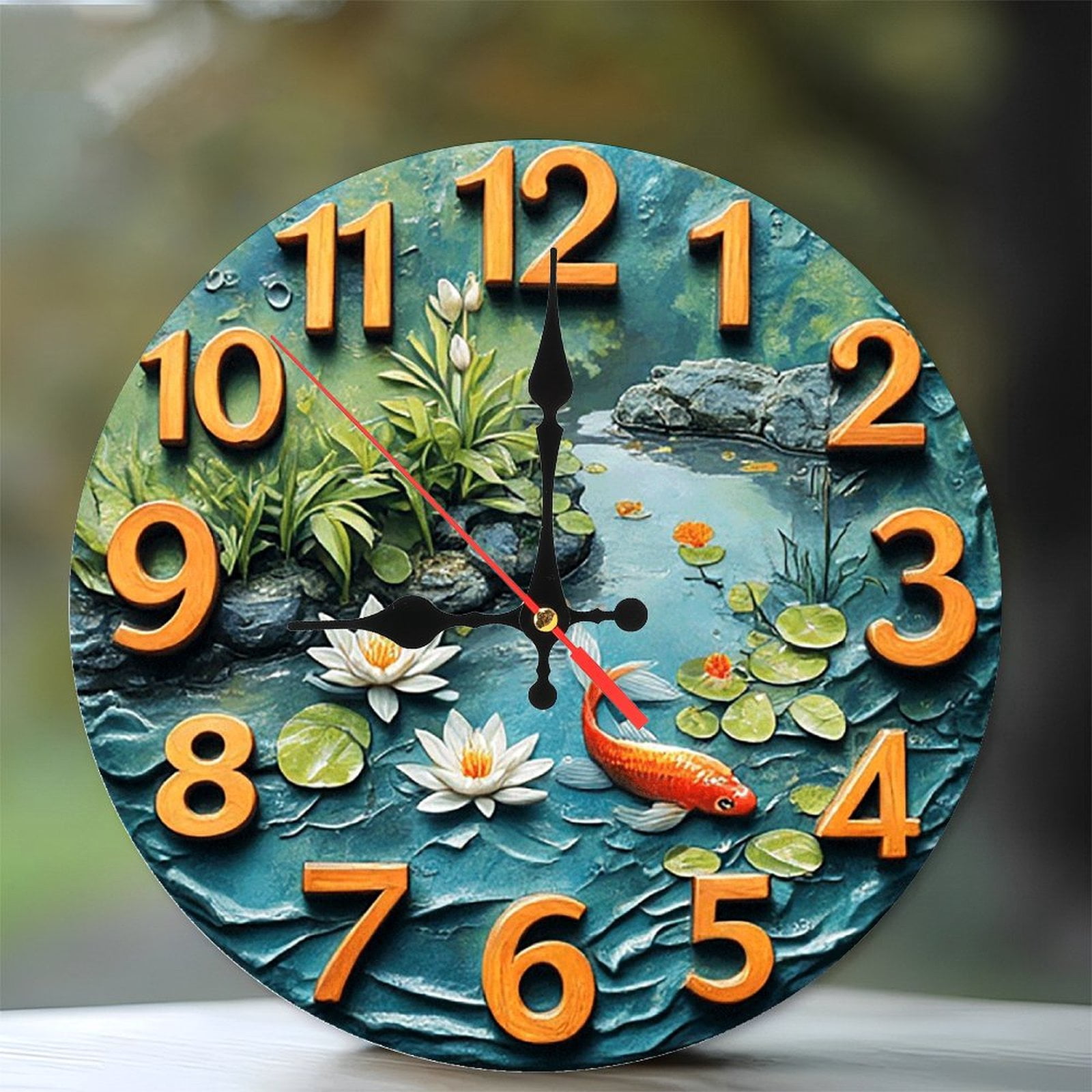 Koi Fish Pond Wall Clock Home Decor 10-Inch Silent Wooden Wall Clock ...