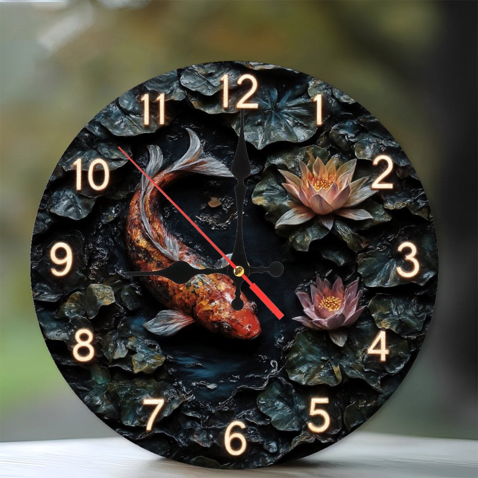 Koi Fish Pond Wall Clock Resin Art Decor Home Decoration 10-Inch Silent ...