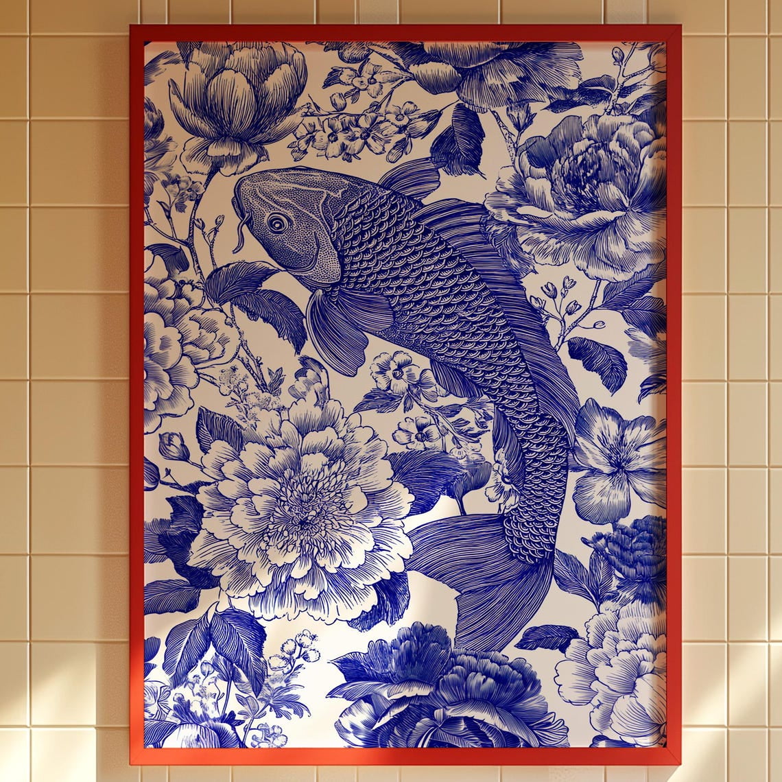 Koi Fish Poster, Japanese Floral Print, Blue White Wall Decor ...