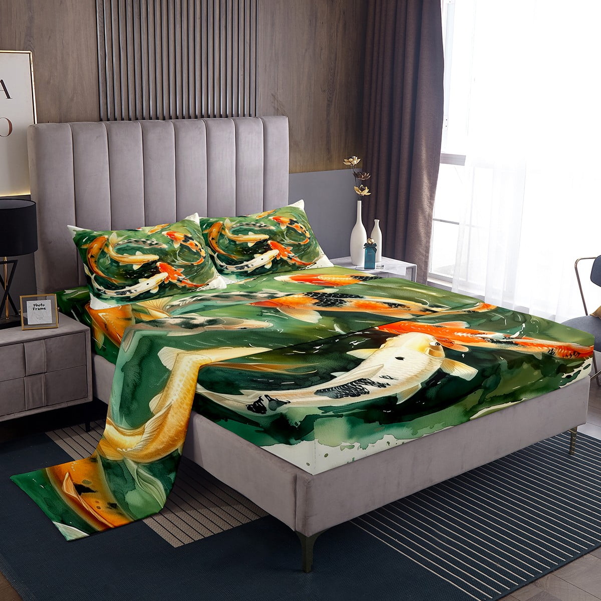 Koi Fish Queen Sheets Oriental Japanese Bed Set, Watercolor Style Bed ...