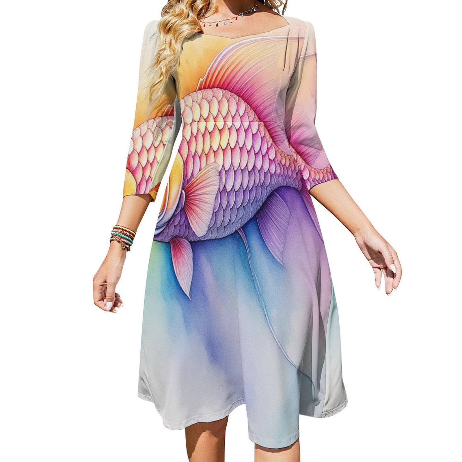 Koi Fish Red Sweetheart Knot Flared Dress Fashion Design Large Size ...