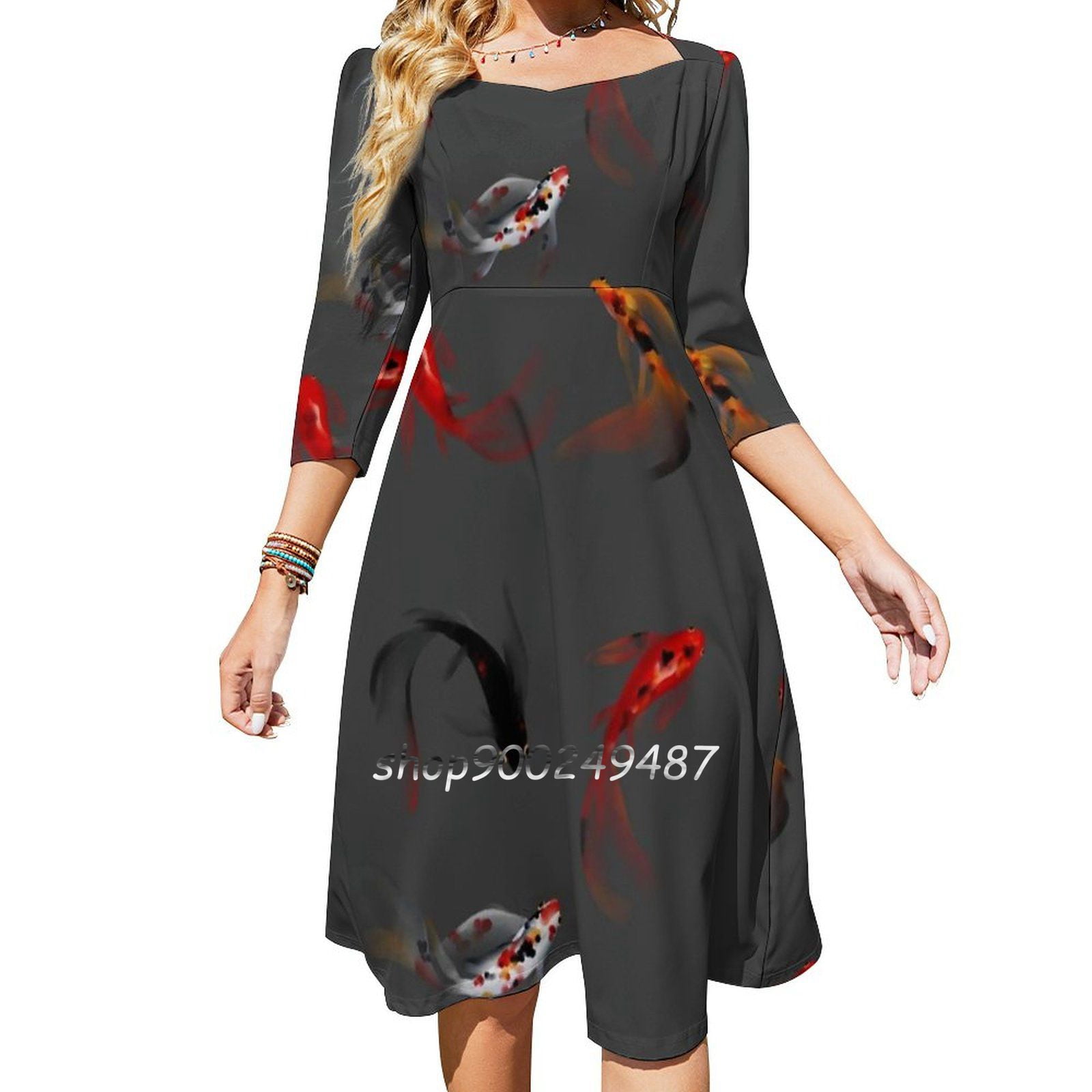 Koi Fish Set ( Dark Grey ) Flare Dress Square Neck Dress Elegant Female ...