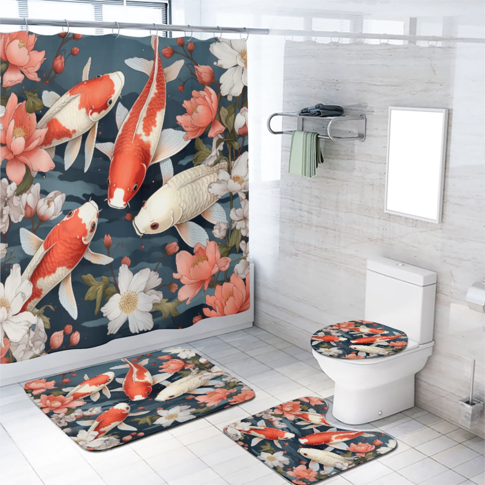 Koi Fish Shower Curtain Set with Rugs Cherry Blossom Flower Branch ...